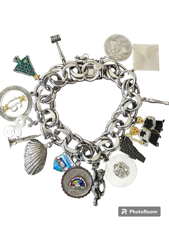 Heavy Vintage Silver Enameled Charms Chain Bracelet - Gem