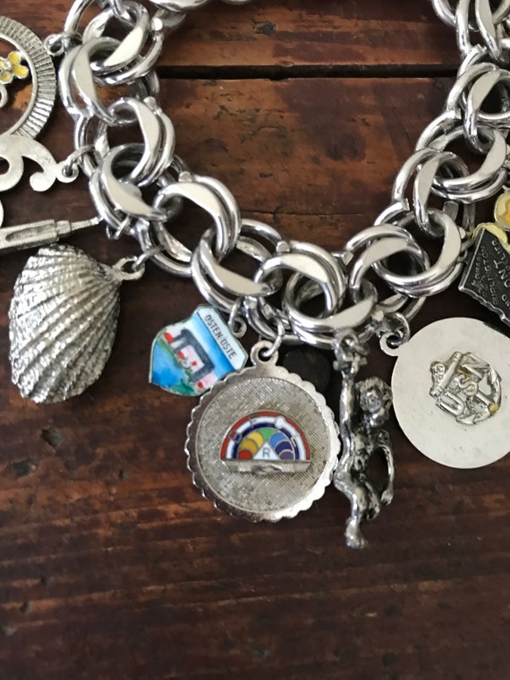 Heavy Vintage Silver Enameled Charms Chain Bracelet - Gem