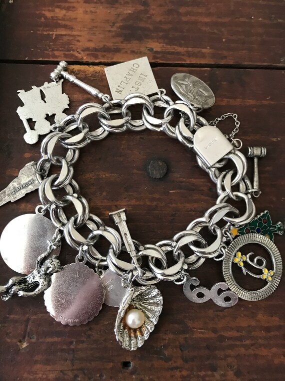 Heavy Vintage Silver Enameled Charms Chain Bracelet - Gem