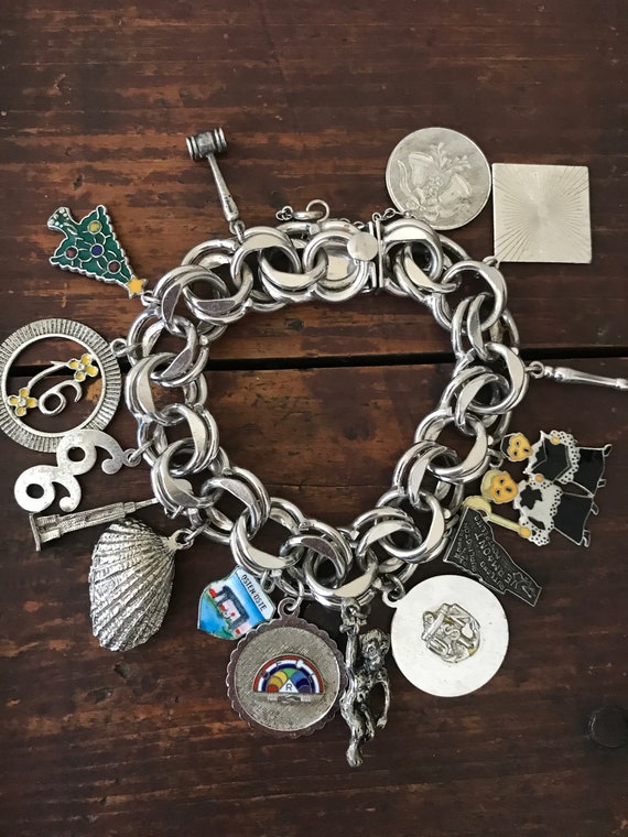 Heavy Vintage Silver Enameled Charms Chain Bracelet - Gem