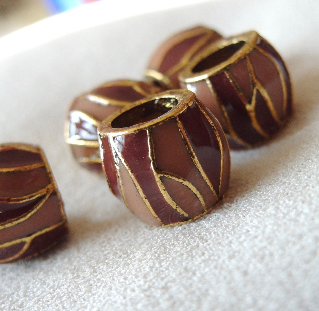 5pc Brick Red and Camel Brown Enamel W/ Antiqued Gold Plate ...