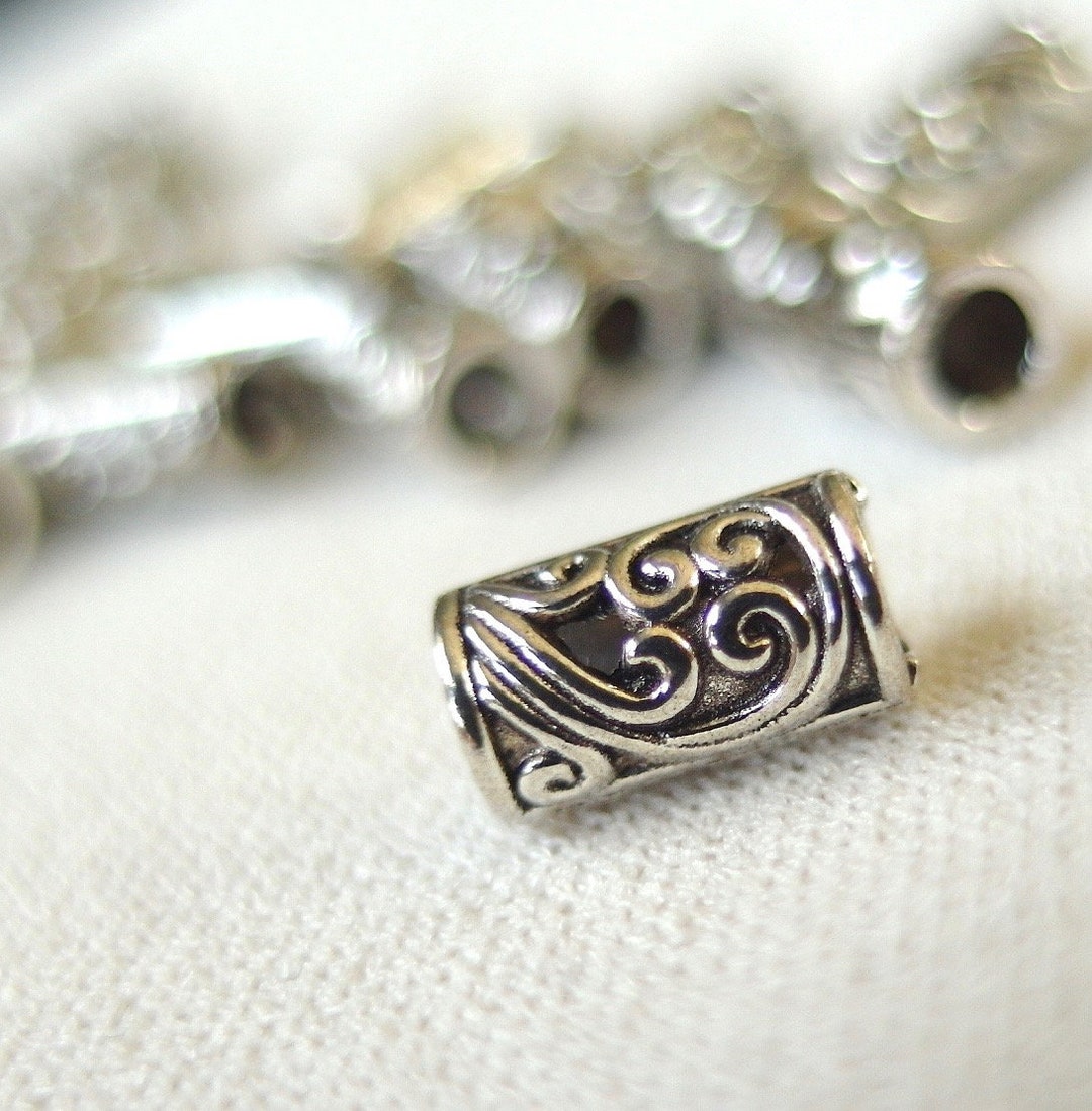 25 Silver Tone Plated Metal Scroll Pattern Tube Beads, 9mm Long X 4mm ...
