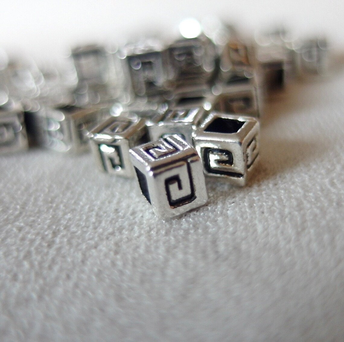 50 Small Silver Cube Greek Key Pattern Antiqued Spacer Beads, 4mm ...