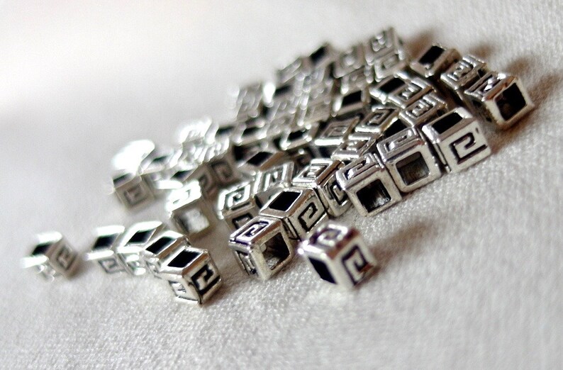 50 Small Silver Cube Greek Key Pattern Antiqued Spacer Beads, 4mm ...