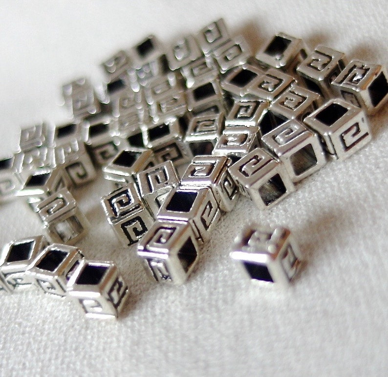 50 Small Silver Cube Greek Key Pattern Antiqued Spacer Beads, 4mm ...