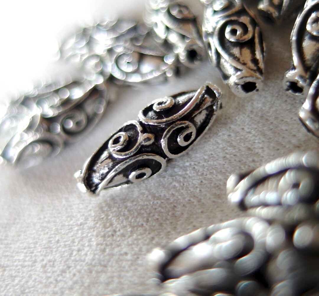 20pc Antiqued Silver Metal Scroll Pattern Tapered Tube Spacer Beads ...
