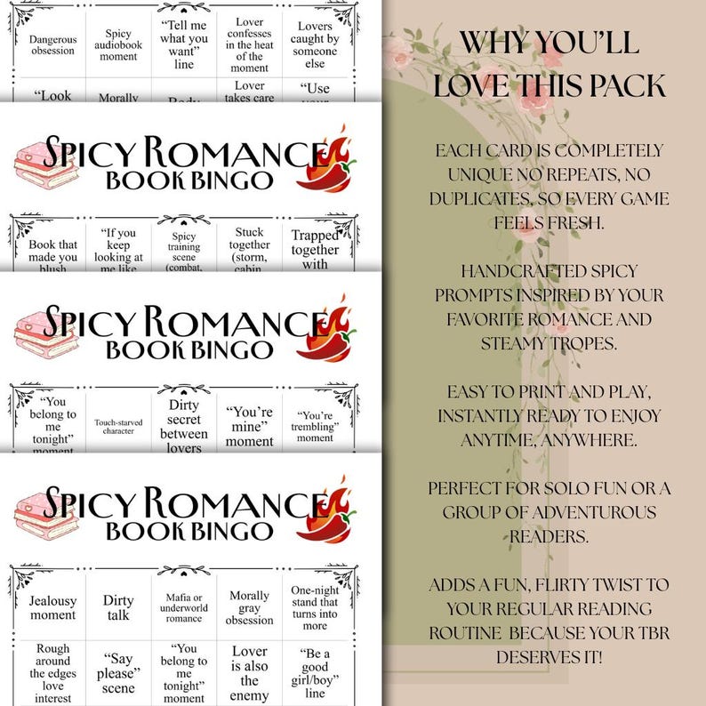 Spicy Book Bingo Printable | Romance Reading Game | Book Lover Activity ...