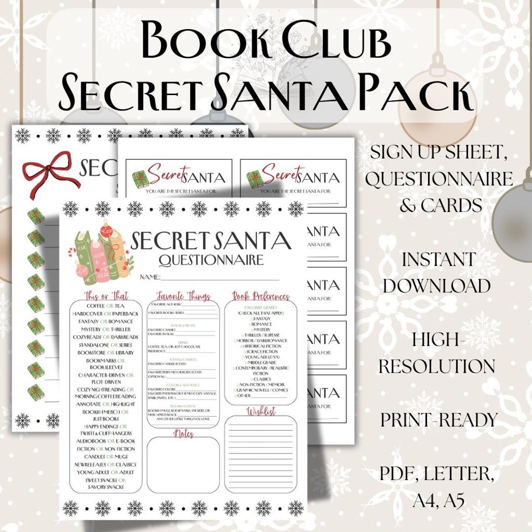 Book Club Secret Santa Printable Pack | Sign-up Sheet, Name Draw Cards ...