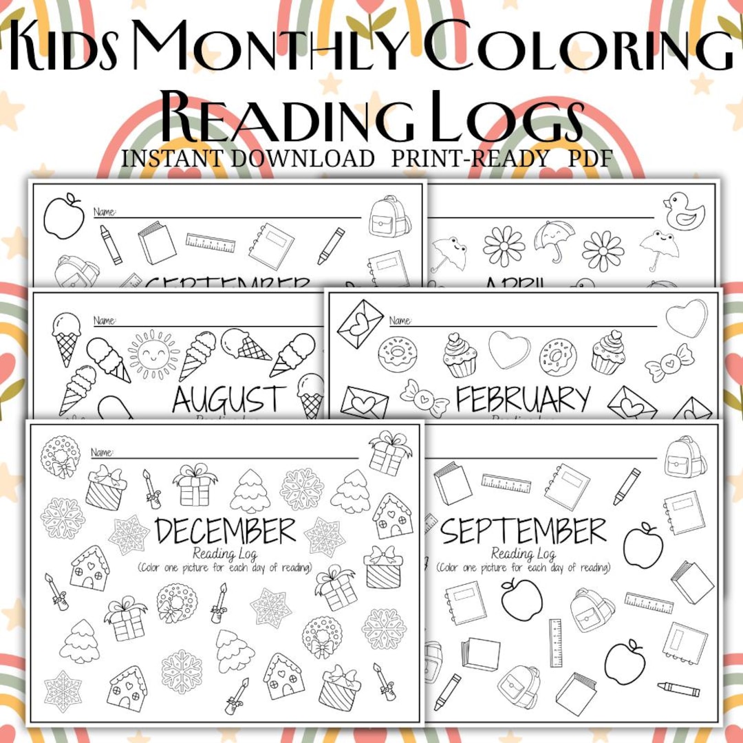Kids Monthly Reading Logs: Color-in Reading Calendar (PDF) - Etsy