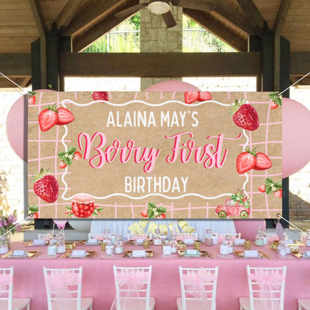 Customizable Berry First Birthday Banner, Strawberries and Floral ...