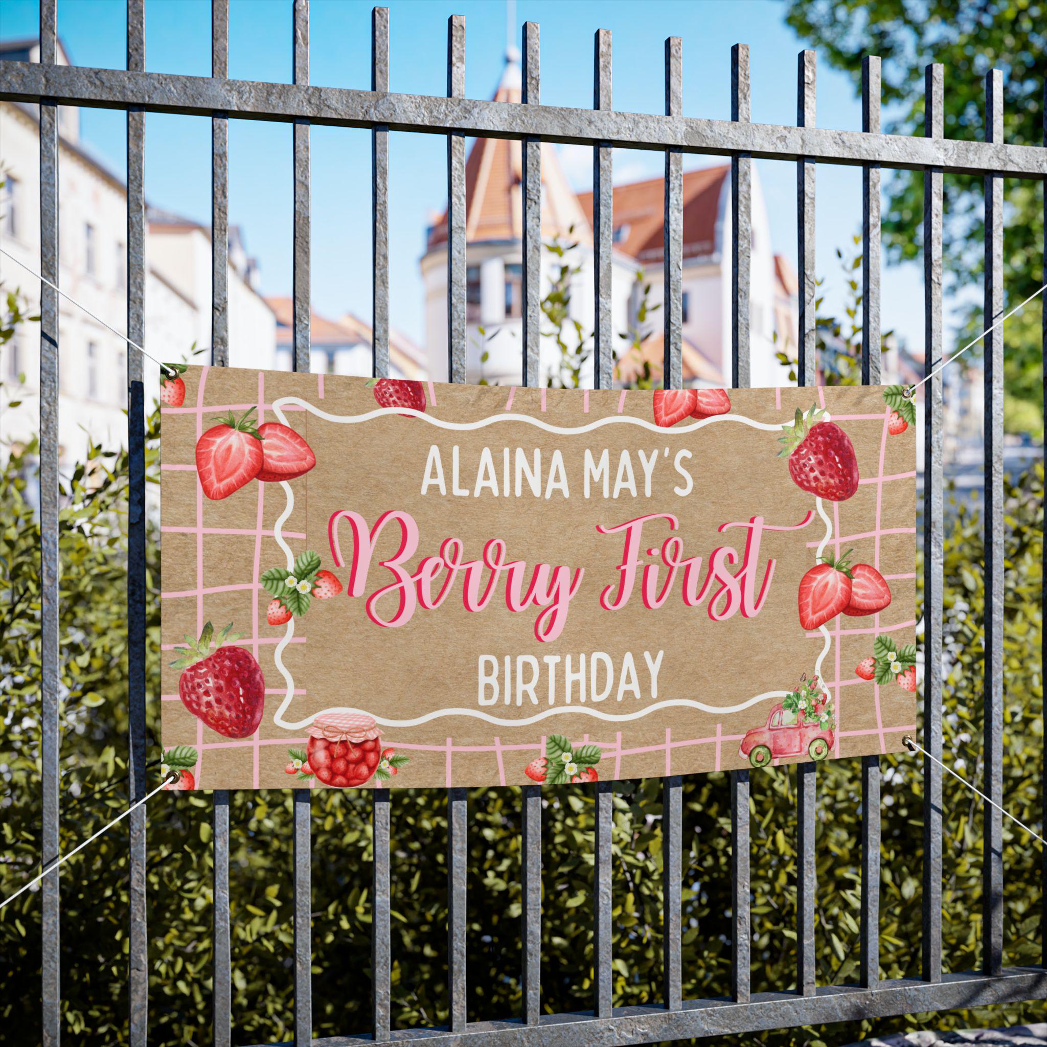 Customizable Berry First Birthday Banner, Strawberries and Floral ...