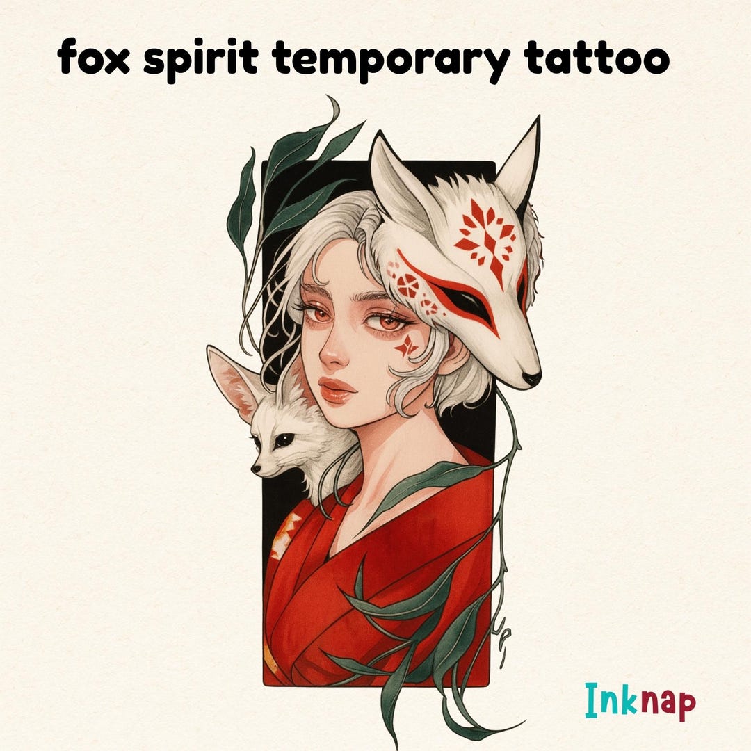 Kitsune Fox Spirit Temporary Tattoo Sticker | Japanese Mask Girl Tattoo ...