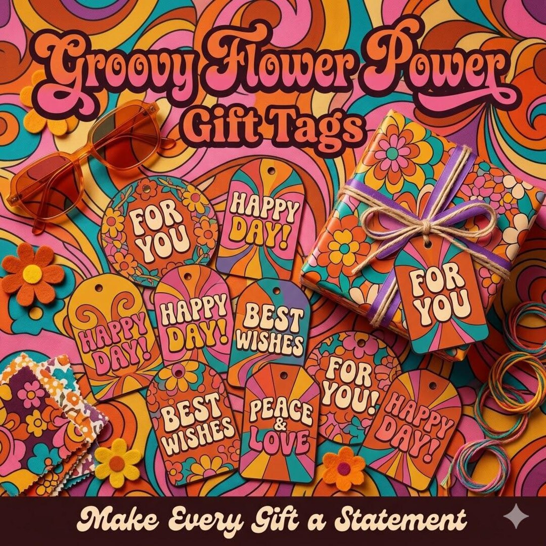 48 Groovy Birthday Gift Tags | 70s Retro Flower Power Tags | Vintage ...