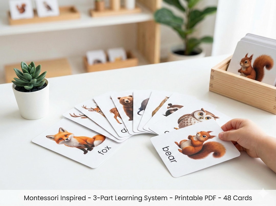 Montessori 3-part Cards Forest Animals – Realistic Flashcards for ...
