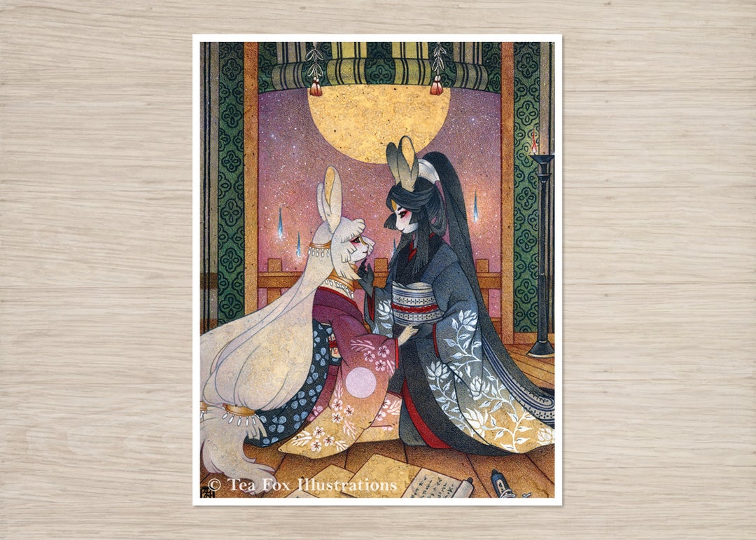 Moon Rabbits on Veranda, Japanese Folklore, 11x14 Matte Art Print on ...
