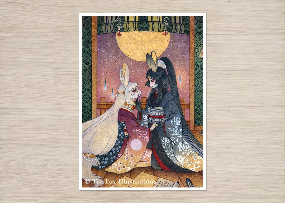 Moon Rabbits on Veranda, Japanese Folklore, 5x7 Matte Art Print on ...