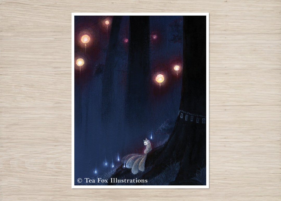 Kitsune Casts Foxfire in Dark Forest, Japanese Folklore, 11x14 Matte ...