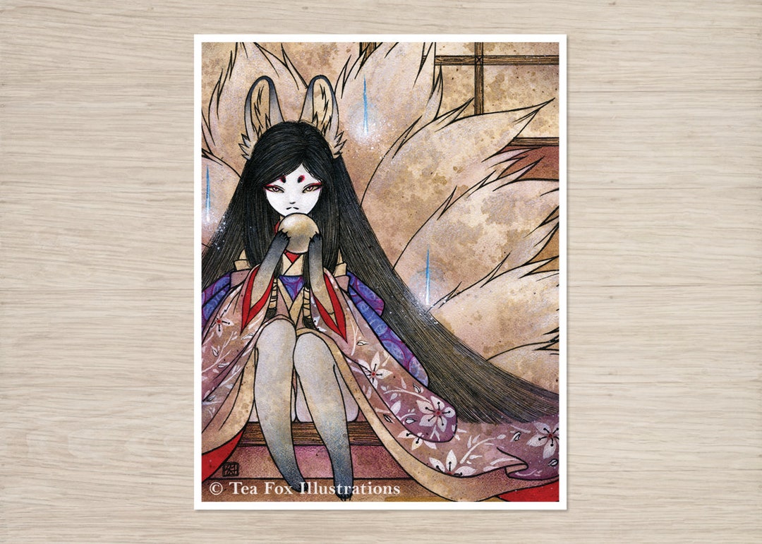 Nine Tailed Kitsune Holding Jewel, Japanese Folklore, 11x14 Matte Art ...