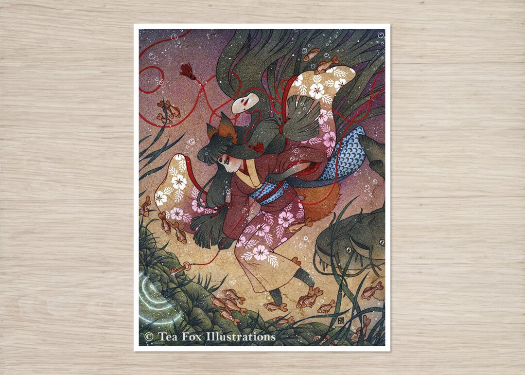 Art Print: Fox Woman Unlocking Secret of the Lake, Japanese Folklore ...