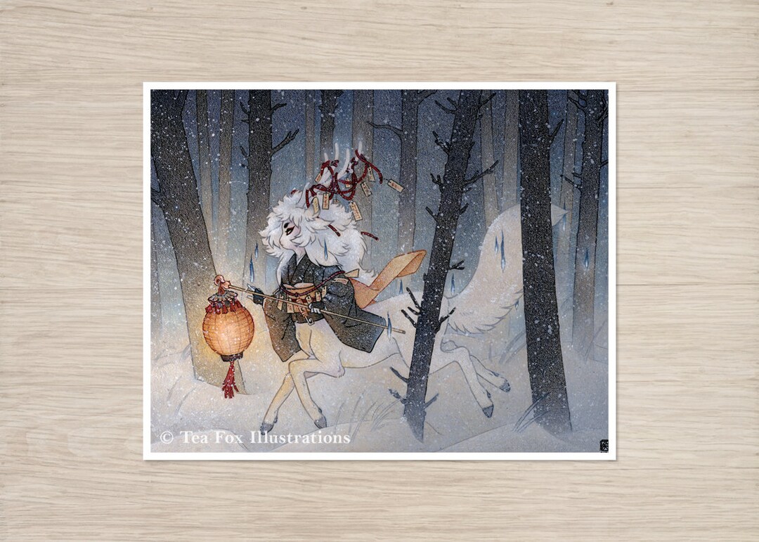 Art Print: Deer Spirit With Lantern in Snowy Winter Forest, Japanese ...