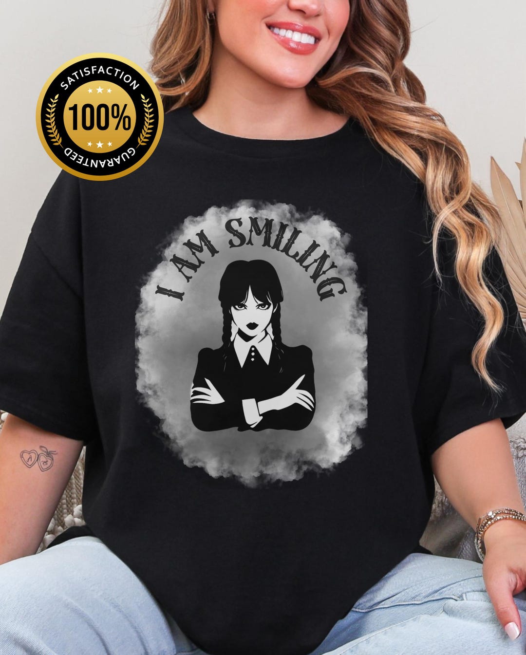 I Am Smiling Girl Illustration T-shirt, Goth Portrait Tee, Monochrome ...