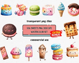 Kawaii Watercolor Sweets Clipart, Cute Candy Illustrations, Cupcake ...