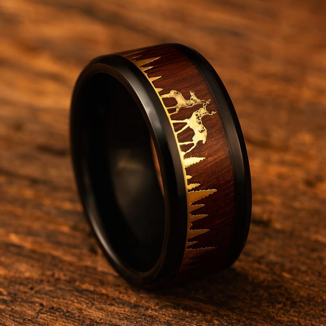 Elk Antler Ring Wood Inlay • Deer Forest Ring for Men • Rustic Wedding ...