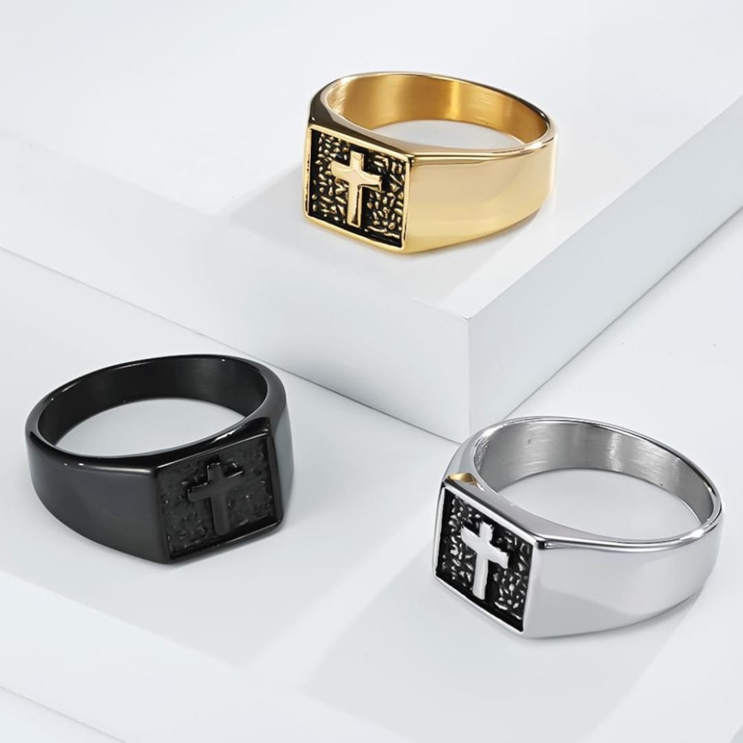 Men’s Cross Signet Ring – Gold Silver Black Titanium Steel Christian ...