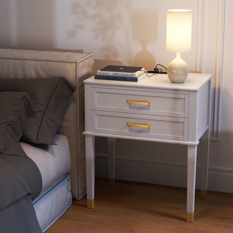 Solid Wood Nightstand With Charging Station: 2-drawer Bedside Table - Etsy