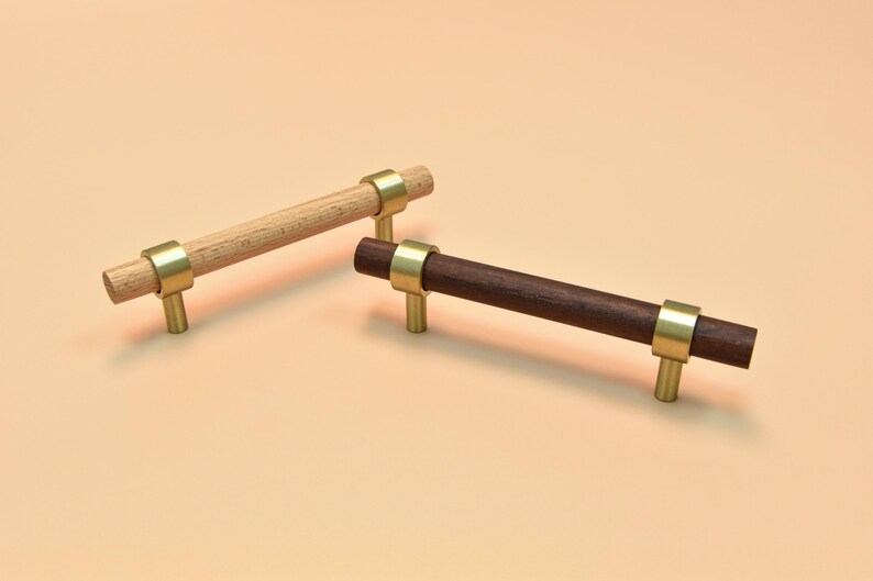 Solid Wood Cabinet Pulls With Brass Accents - Customizable Size, Walnut ...