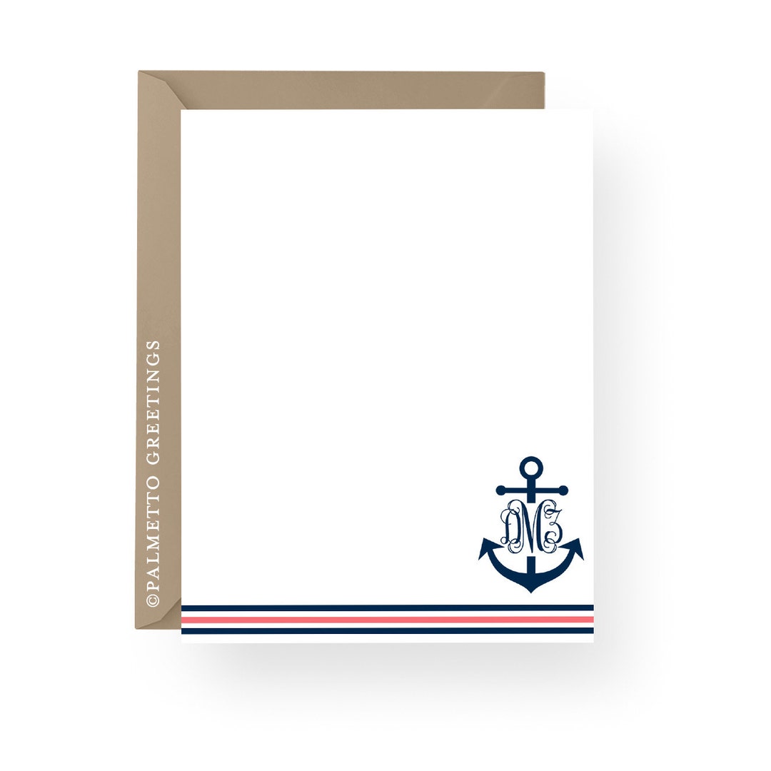 PRINTED - Set of 8 Nautical Anchor Monogram Notecards, Coastal Theme ...
