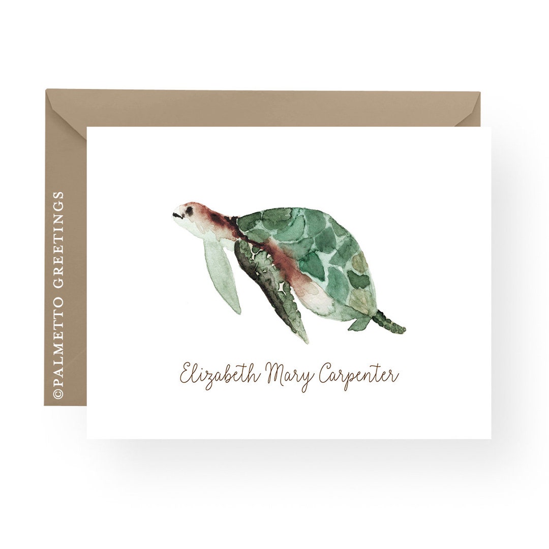 PRINTED - Set of 8 Folded Watercolor Sea Turtle Personalized Notecard ...