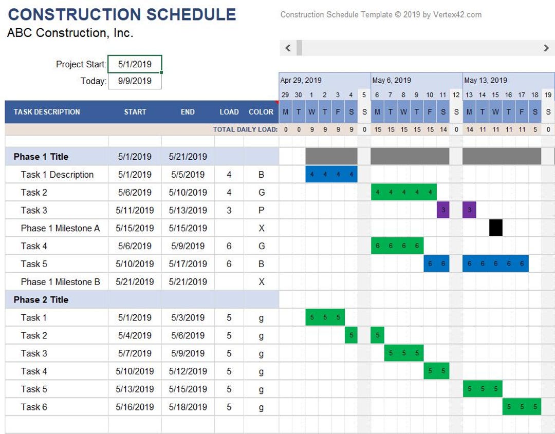 Weekly Construction Schedule Template: Gantt Chart Planner (excel ...