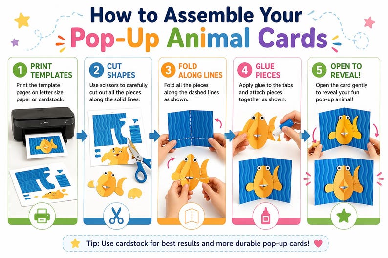 3D Animal Pop-up Card Templates | Fish, Hippo, Tiger, Lion, Dinosaur ...