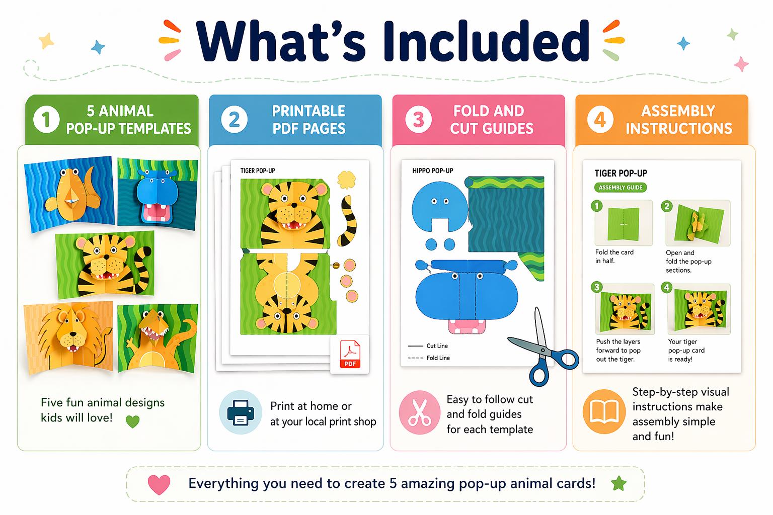 3D Animal Pop-up Card Templates | Fish, Hippo, Tiger, Lion, Dinosaur ...