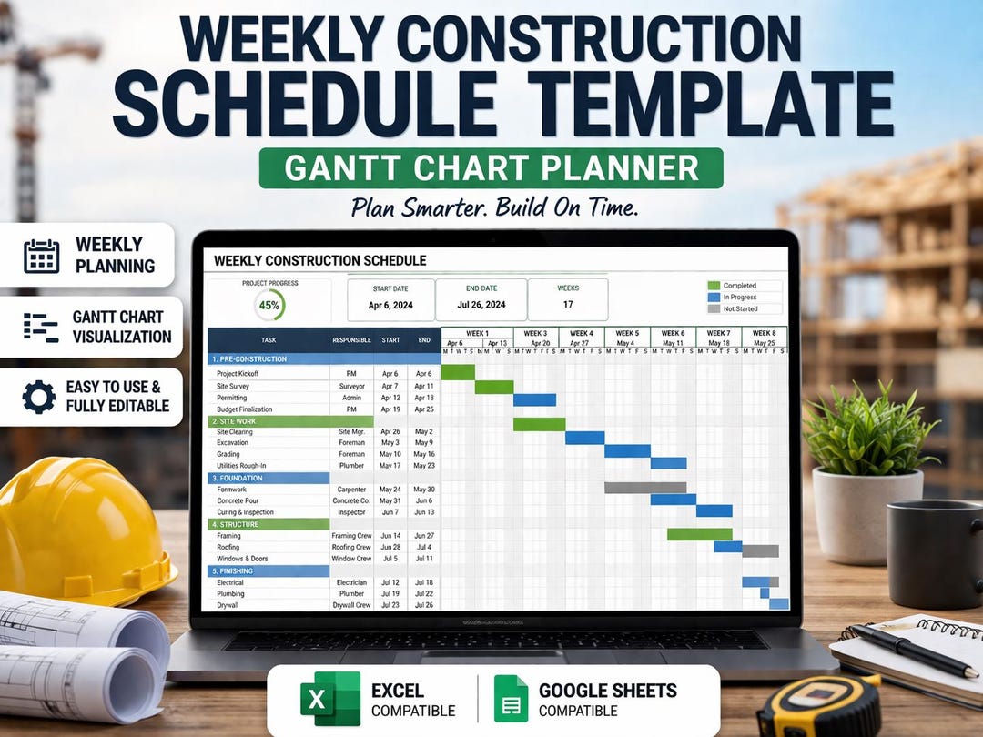 Construction Schedule Template Weekly – Gantt Chart Planner for Excel ...