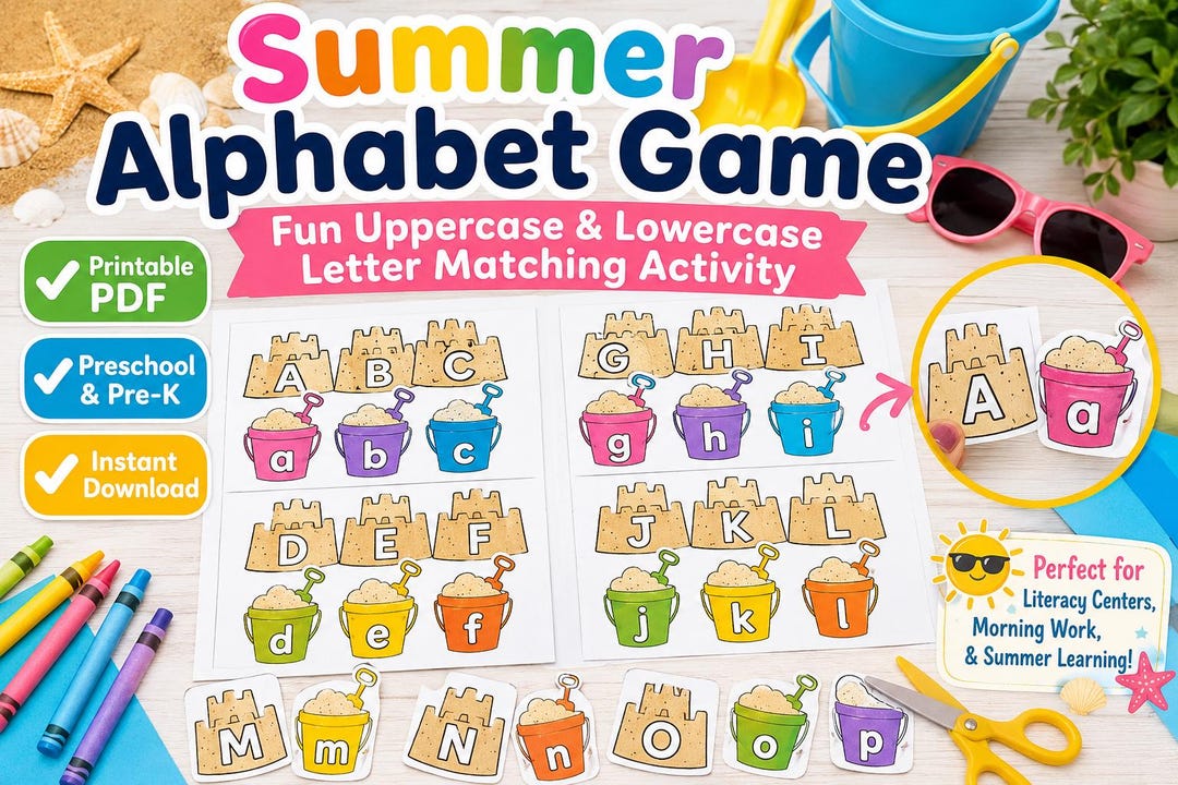 Summer Alphabet Game Printable for Preschool, Uppercase Lowercase ...