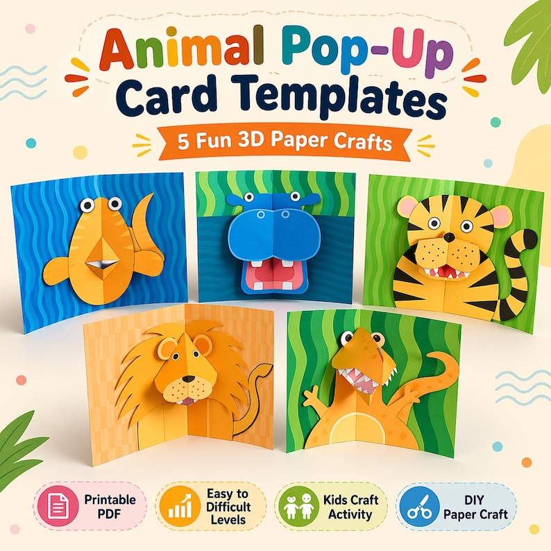 3D Animal Pop-up Card Templates | Fish, Hippo, Tiger, Lion, Dinosaur ...