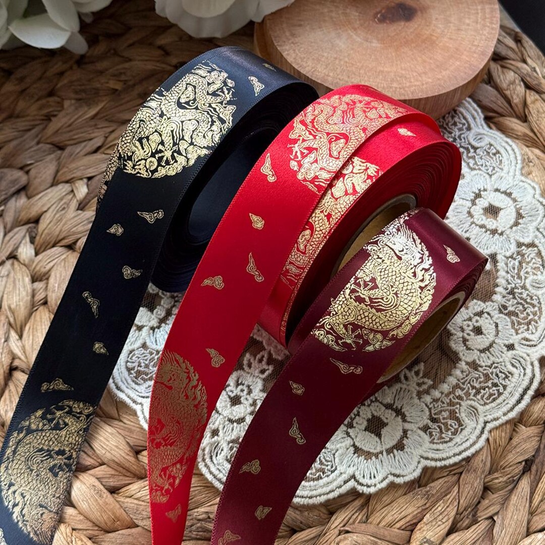 Gold Foil Dragon Satin Ribbon, 25mm, Korean Hanbok Style Trim - Etsy