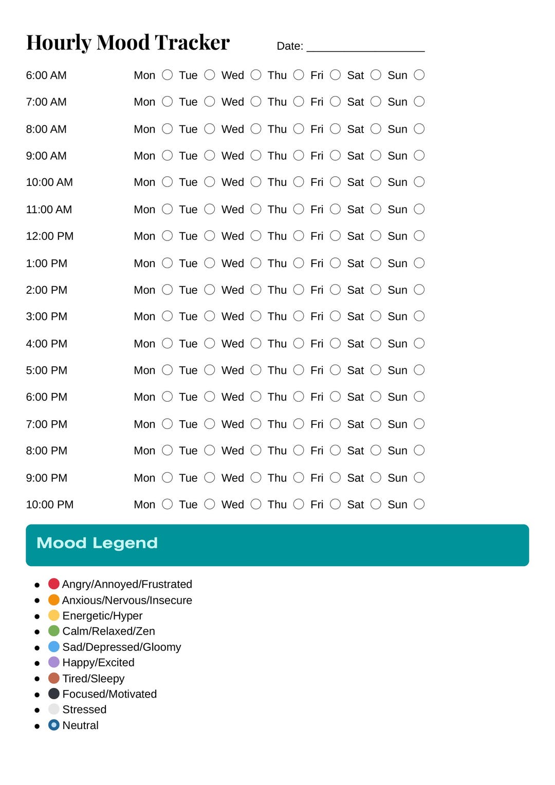 Hourly Mood Tracker Printable PDF With Editable Canva Template Link - Etsy