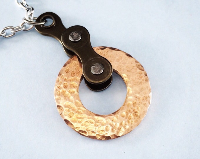 Pendant Recycled Metal Bike Chain Hammered Copper Circle Bicycle ...