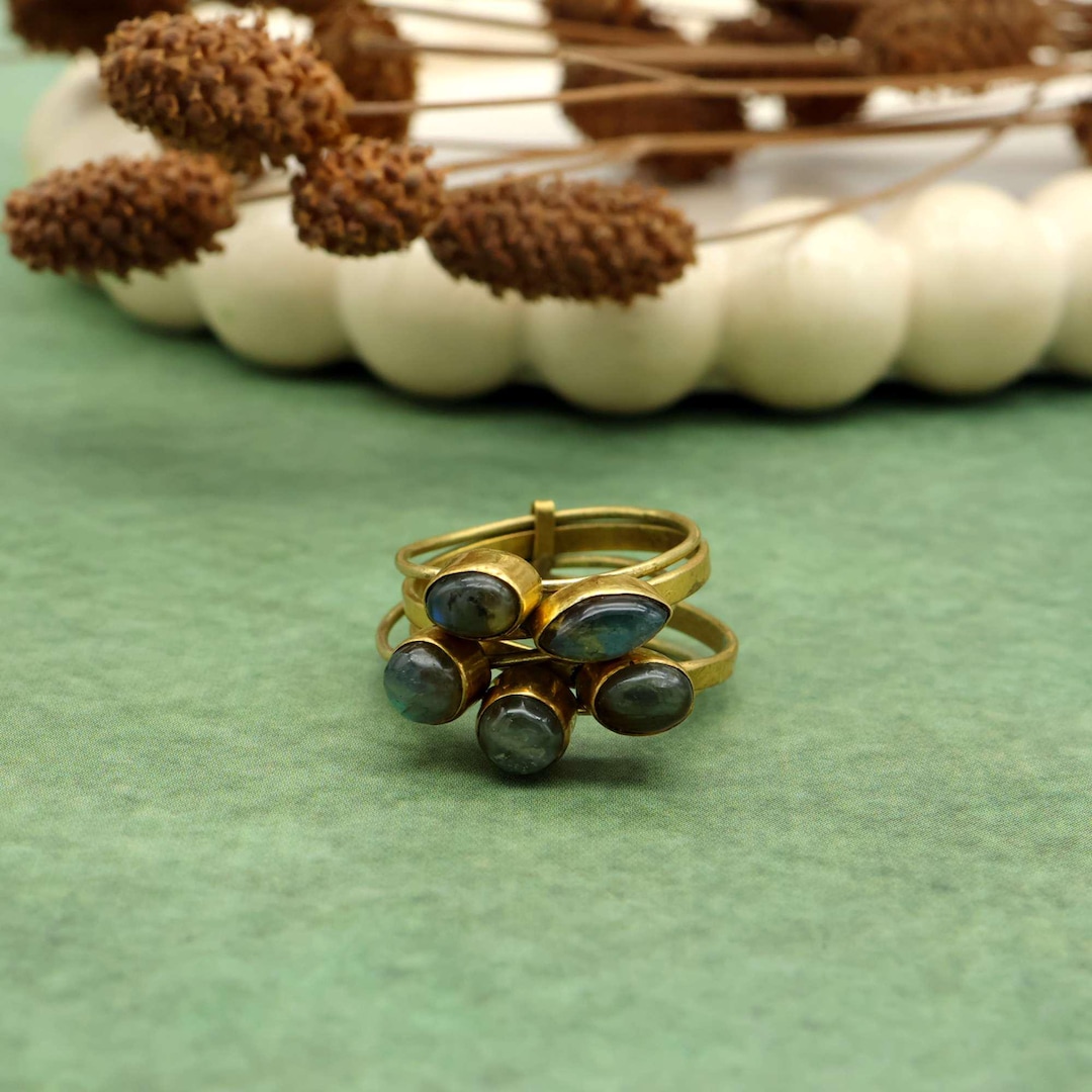 Labradorite Stacking Ring Set • Brass Stackable Rings • Bohemian Stone ...