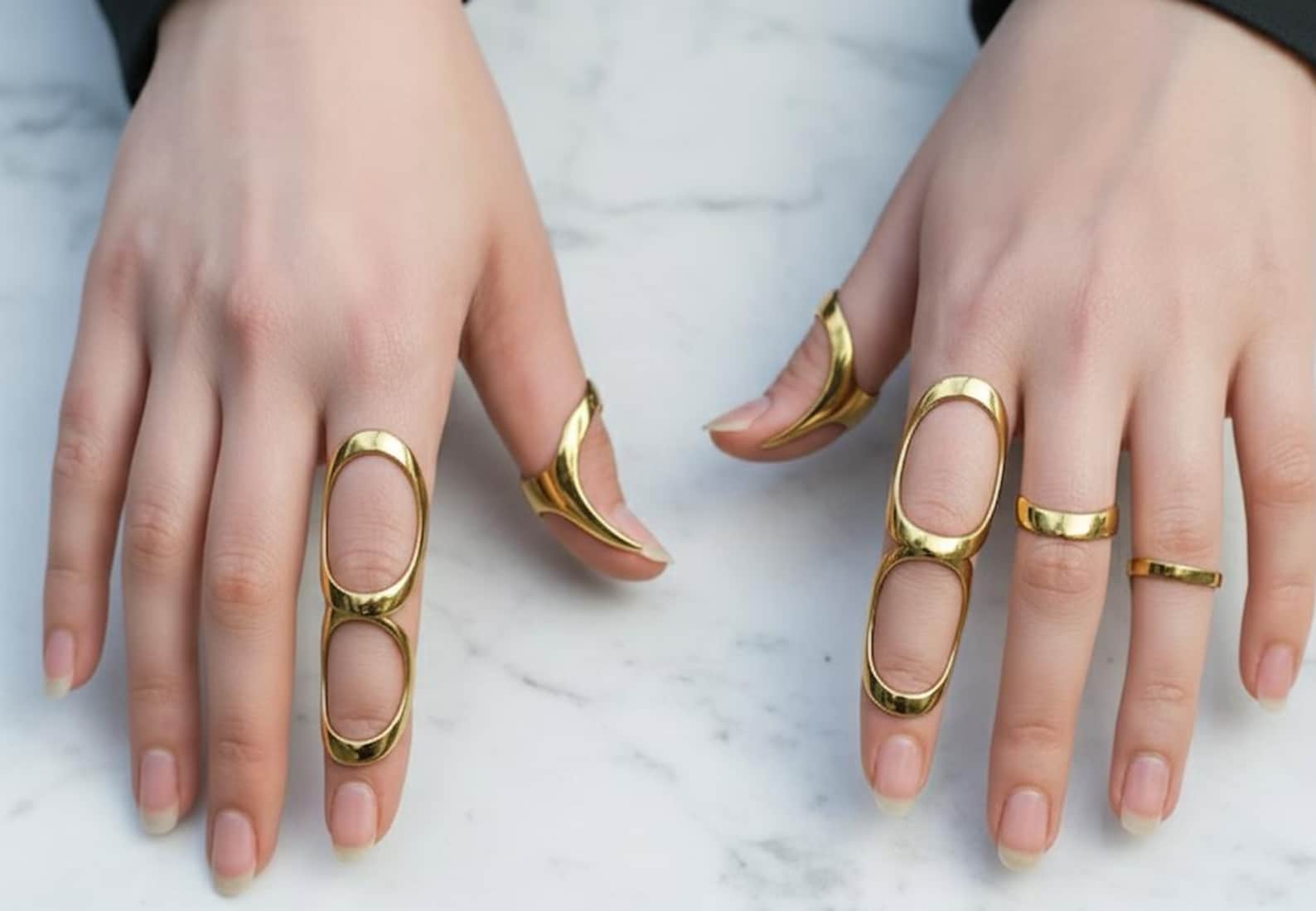 Futuristic Gold Full Finger Armor Ring, Statement Oval Two Finger Ring ...
