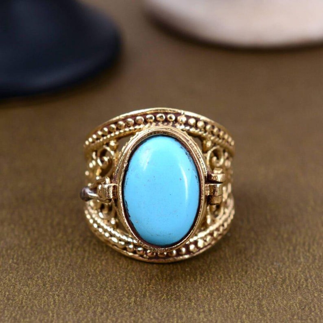 Natural Larimar Brass Poison Ring – Handmade Filigree Secret ...