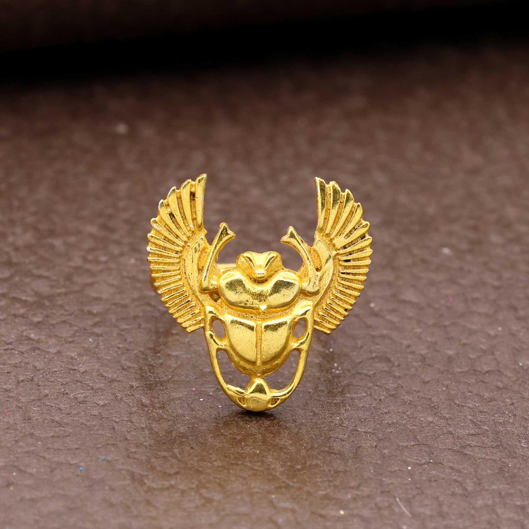 Winged Scarab Brass Ring – Egyptian Revival Jewelry, Beetle Statement ...