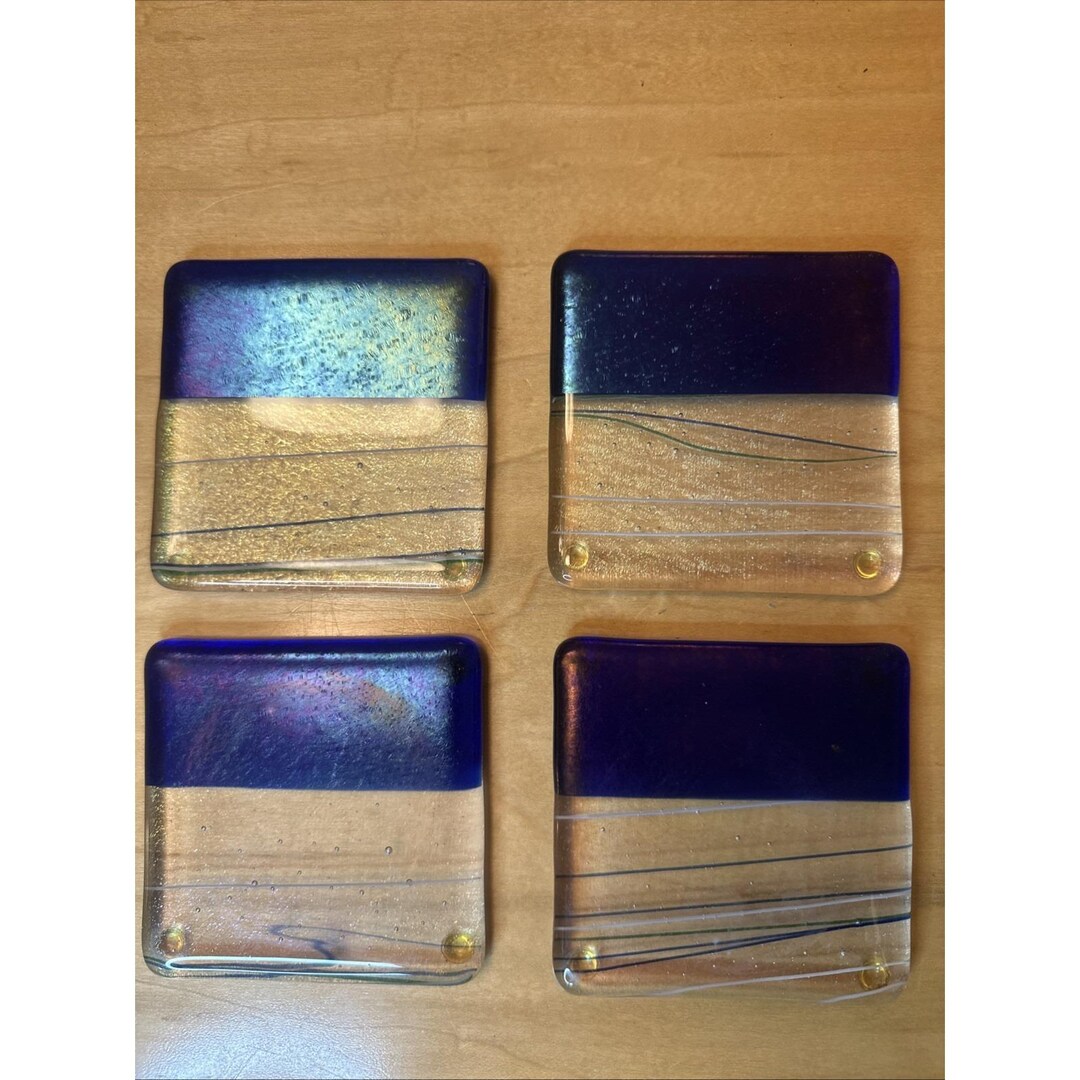 Set of 4 Vintage Metallic Iridescent, Blue, Fused Glass Coasters Drinks ...
