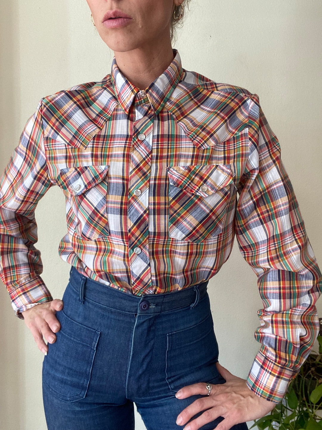 1970s 1980s Gender Neutral Rainbow Plaid Western Pearl Snap Button Down ...