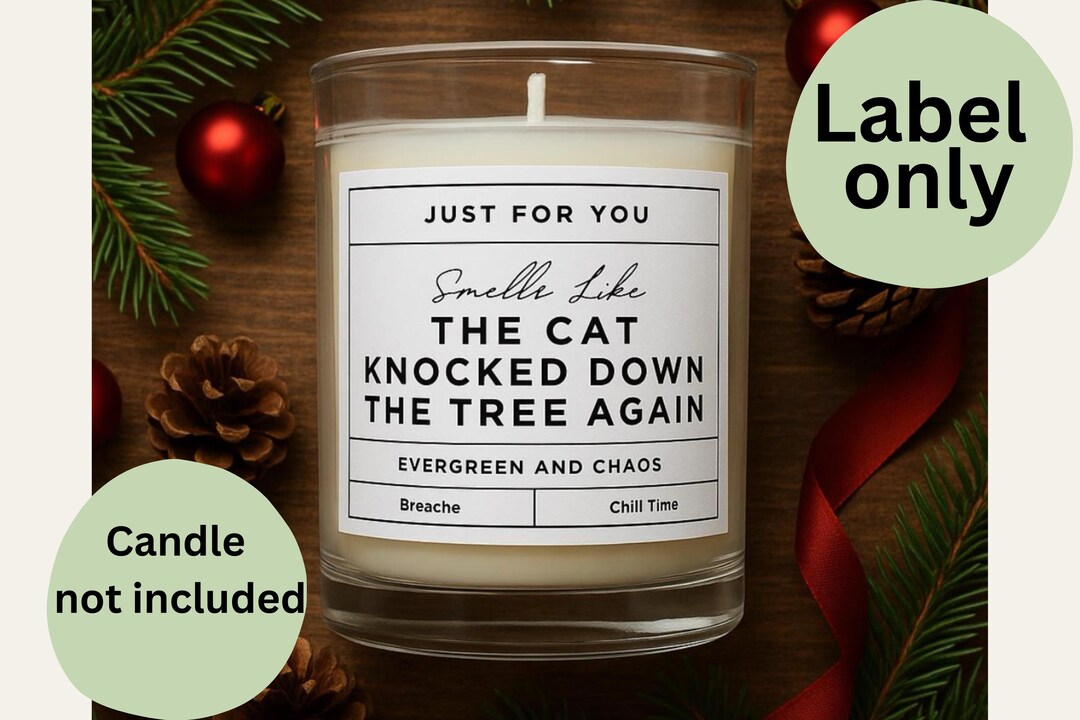 Funny Cat Christmas Candle Label – "cat Knocked Down the Tree" - Etsy