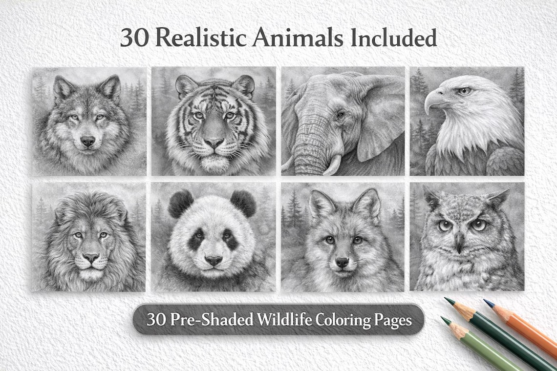 Realistic Animals Grayscale Coloring Book, 30 Wildlife Pages (PDF ...