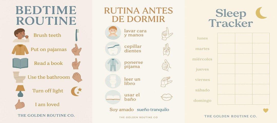 Bedtime Routine Chart for Kids, English, Spanish & ASL Printable, Sleep ...